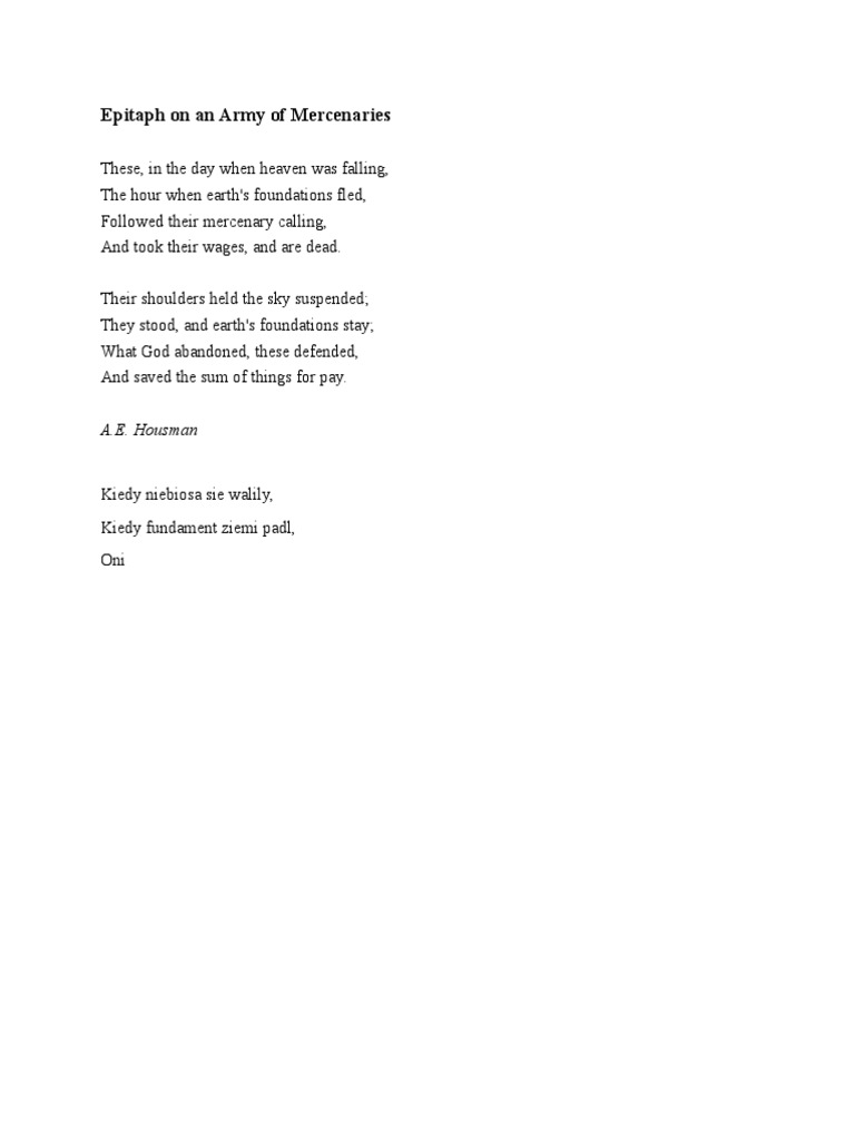 A.E. Housman Epitaph On An Army of Mercenaries | PDF