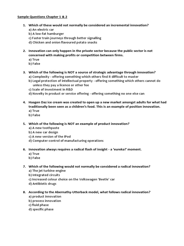 Innovation Quiz: Chapters 1 & 2 | PDF | Innovation | Business