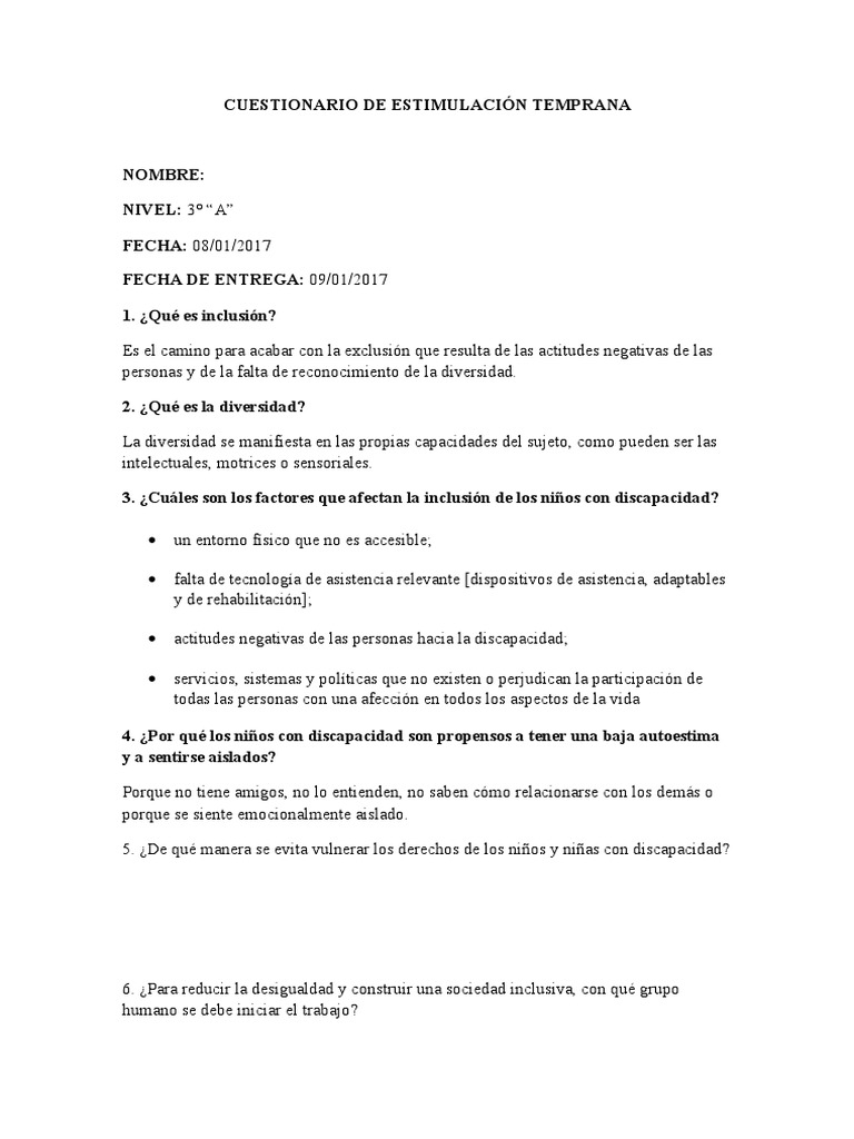 Cuestionario de Estimulación Temprana | PDF | Invalidez | Bienestar