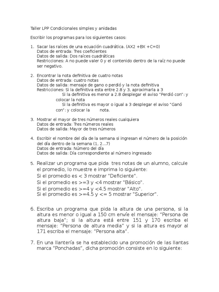 Taller LPP Condicionales Simples y Anidadas | PDF