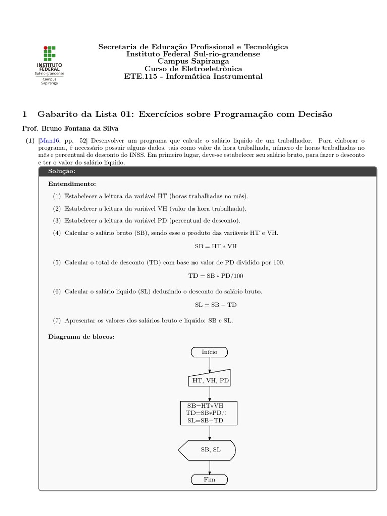 Gabarito Lista de Exercícios (Retirados de MANZANO) de Algoritmos | Download grátis PDF ...
