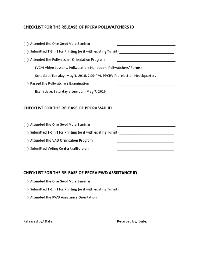 Checklist For The Release of PPCRV Pollwatchers Id | PDF