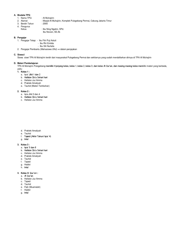RPP Dan Silabus TPQ Al Muhajirin - Draft | PDF