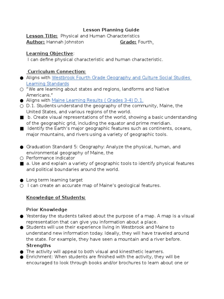 Lesson Planning Guide Lesson Title: Physical and Human Characteristics ...