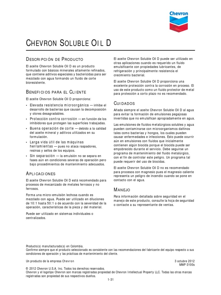 Chevron Soluble Oil D | PDF | Lubricante | Metalurgia