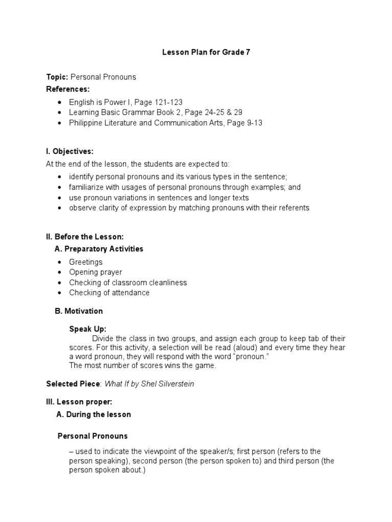Personal Pronouns (Lesson Plan For Grade 7) | PDF