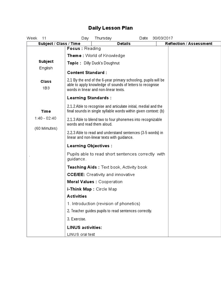 Daily Lesson Plan: Subject / Class / Time Details Reflection ...