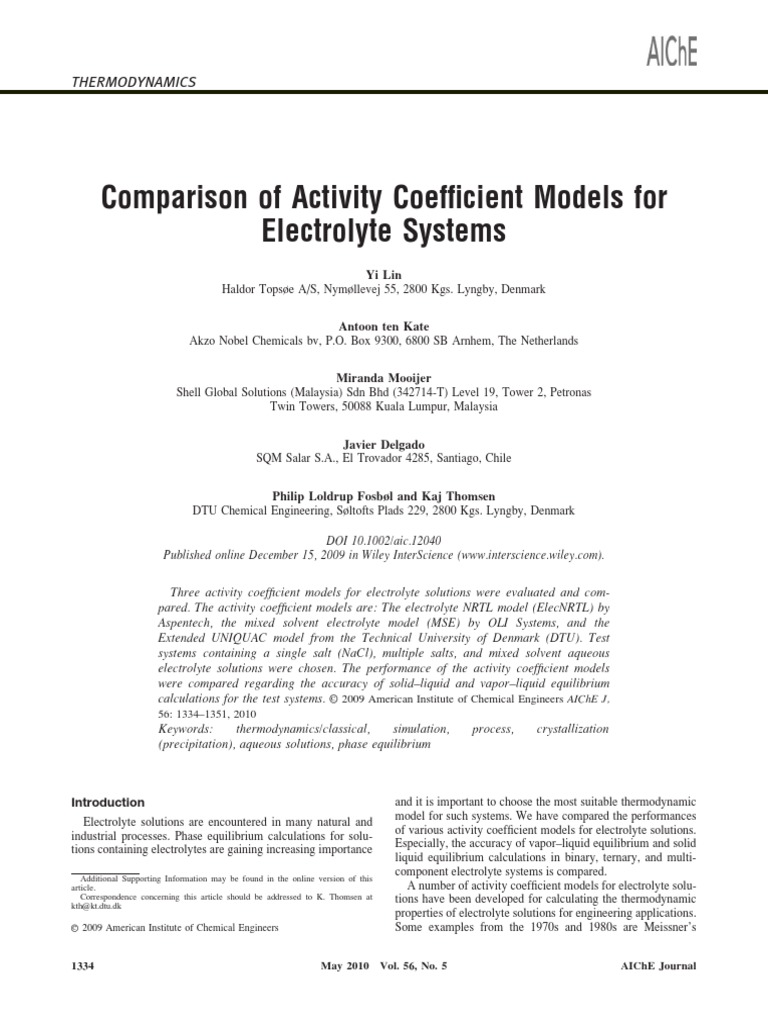 Comparison of Activity Coefficient Models For Electrolyte Systems | PDF | Solubility | Physical ...