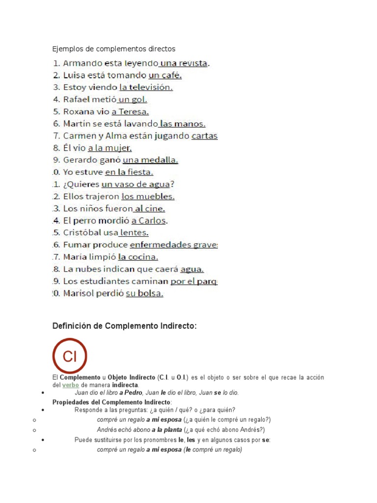 Ejemplos de Complementos Directos | PDF | Objeto (gramática) | Adverbio