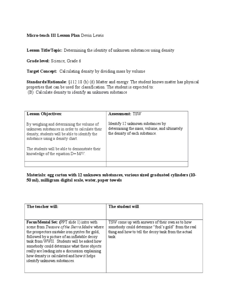 Microteach III Lessonplan | PDF | Density | Volume