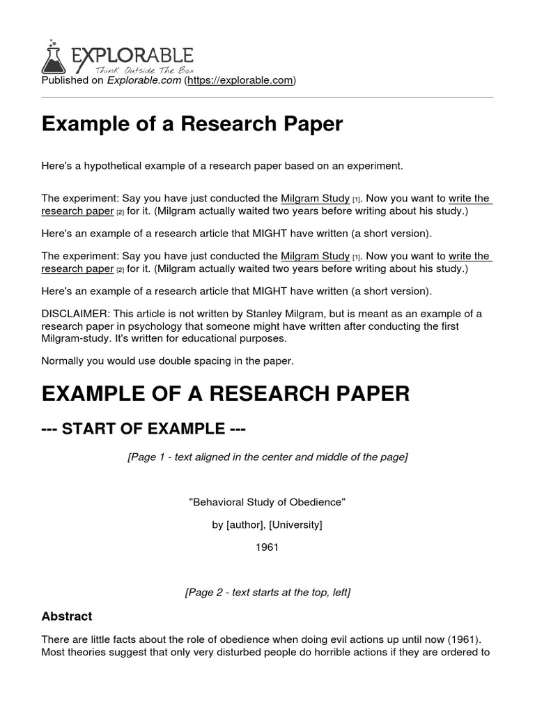 Milgram Experiment Research Paper Example | PDF | Obedience (Human ...
