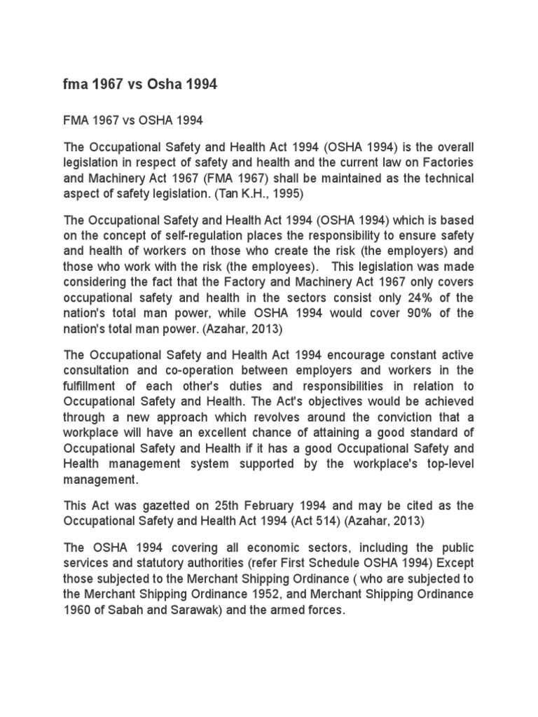 Fma 1967 Vs Osha 1994 | PDF | Occupational Safety And Health ...
