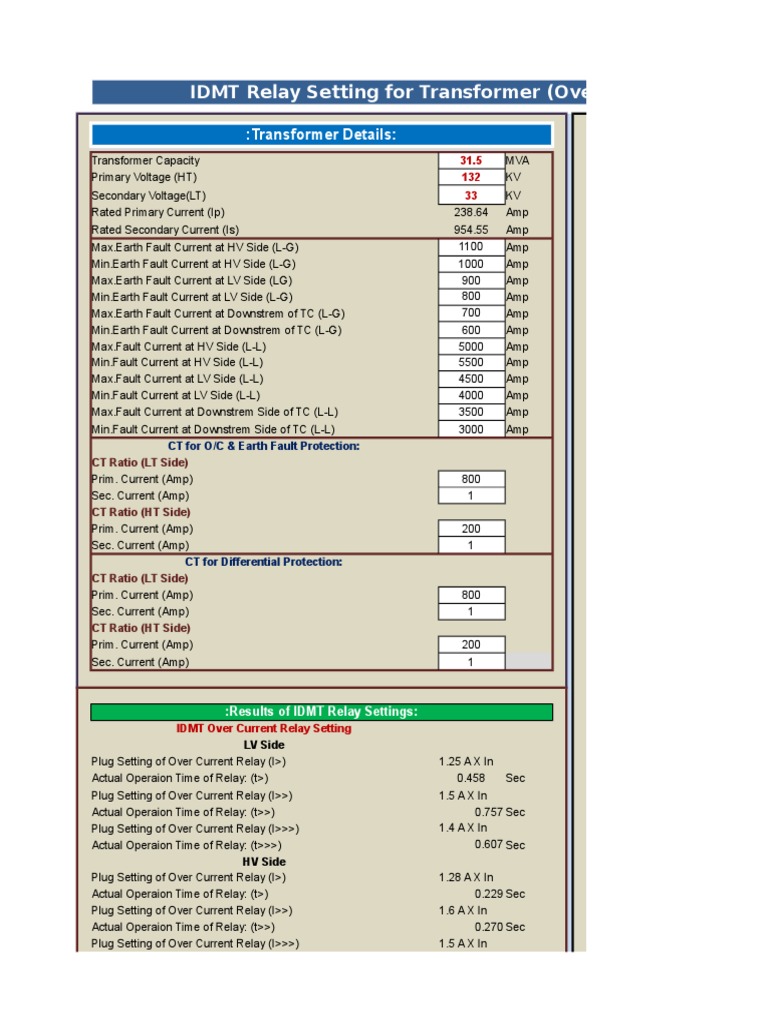 IDMT Relay Settings for Transformer Protection | PDF | Relay | Transformer