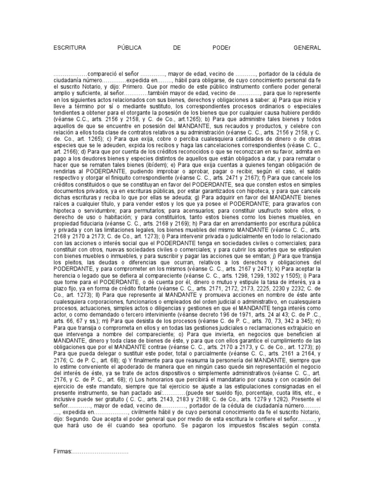 ESCRITURA PÚBLICA DE PODEr GENERAL | PDF | Hipoteca Comercial ...