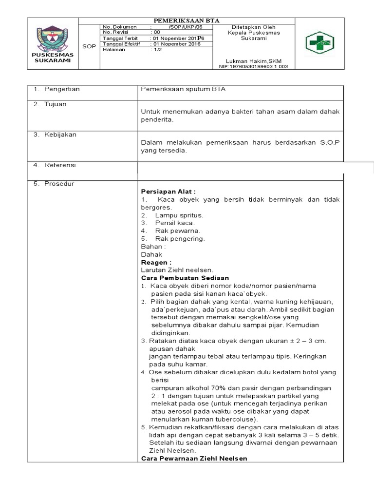 SOP Pemeriksaan BTA | PDF