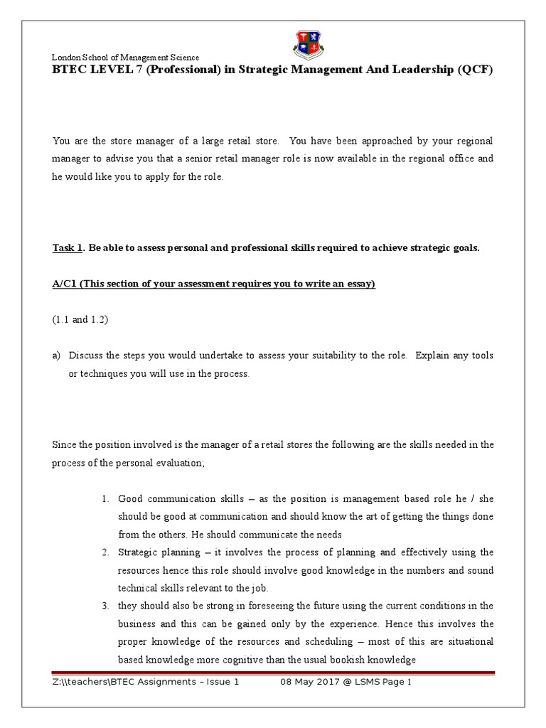 Btec Level 7 Professional In Strategic Management And Leadership Qcf Pdf Leadership 