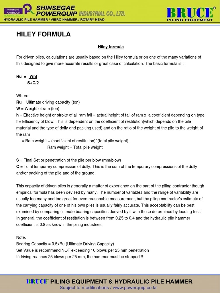 Hiley Formula - Bruce Piling Hammer Pile Hammer | PDF