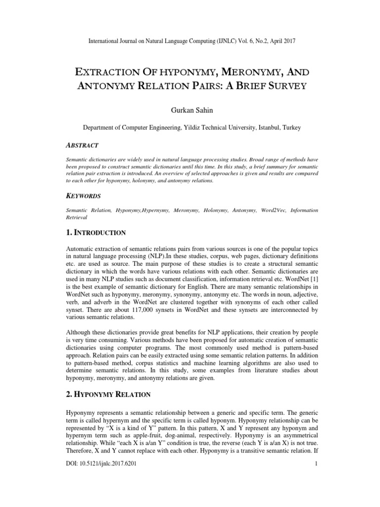 Extraction of Hyponymy, Meronymy, and Antonymy Relation Pairs: A Brief Survey | PDF | Lexical ...