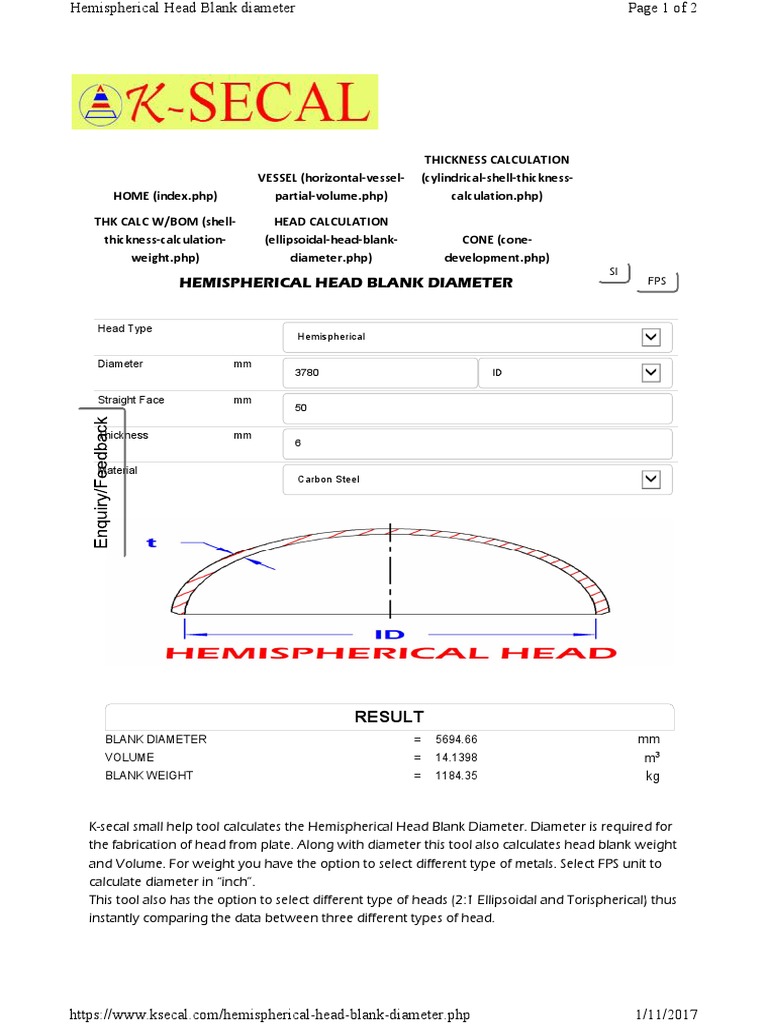 Hemispherical Head Blank Diameter - PHP | PDF | Volume | Physics