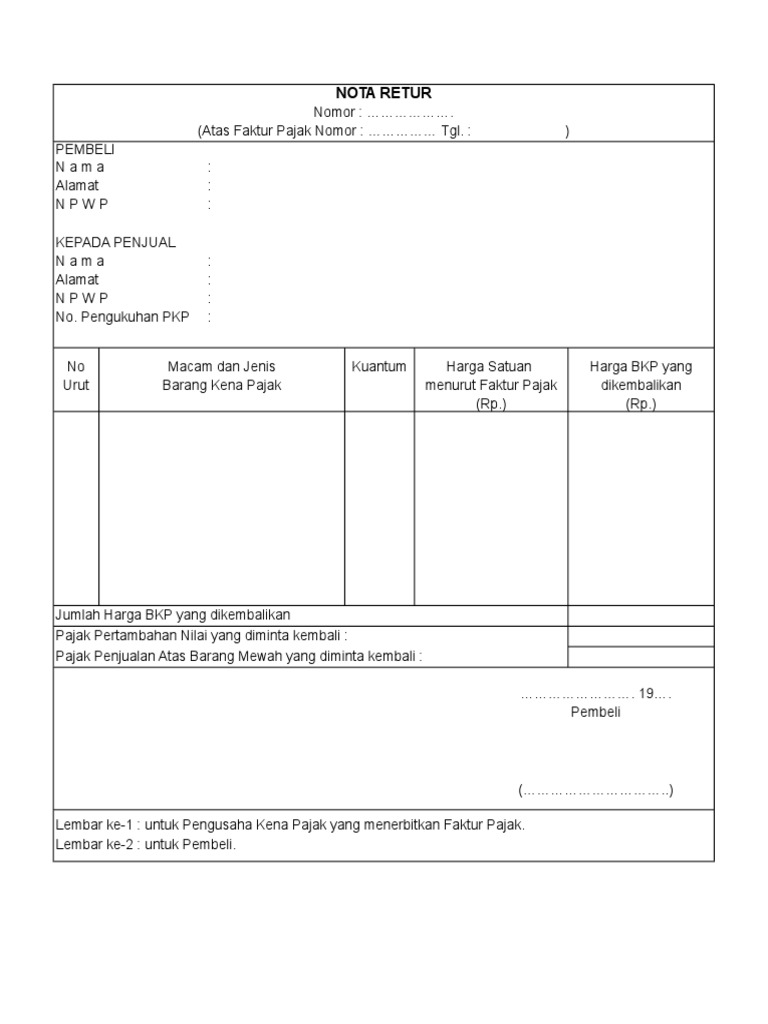 Format Nota Retur Pajak dan Contoh | PDF