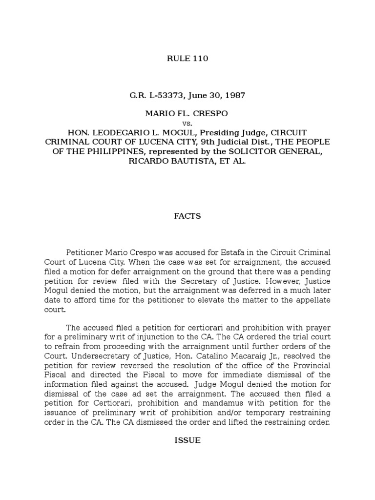 Crim Pro Edited Rule 110 2. Crespo v. Mogul | Download Free PDF | Writ Of Prohibition | Prosecutor