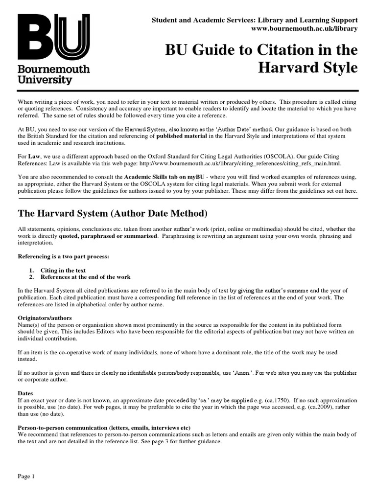 Bournemouth University (2011) Guide To Citation in The Harvard Style ...
