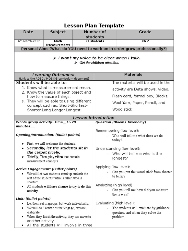 Lesson Plan Measurement 2 | PDF | Understanding | Lesson Plan