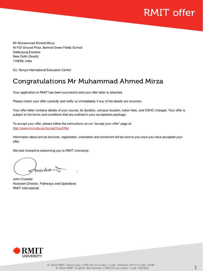 RMIT Offer: Congratulations MR Muhammad Ahmed Mirza | PDF