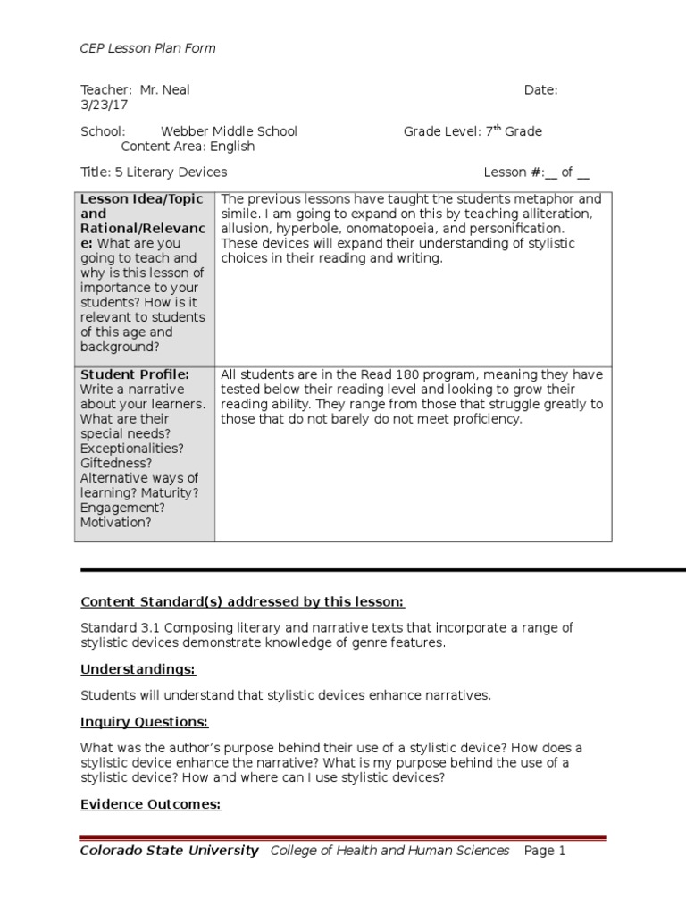 Cep Lesson Plan Literary Devices | PDF | Lesson Plan | Narrative