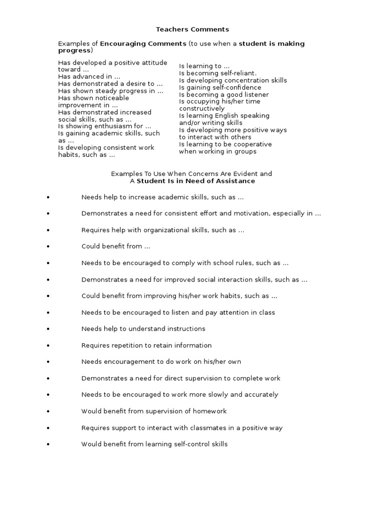 Teachers Comments | PDF