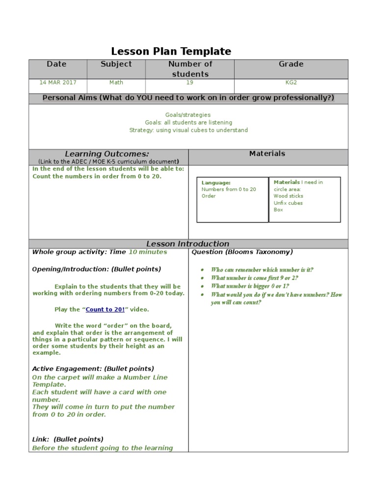 Lesson Plan Template Numbers From 0 To 20 | PDF | Lesson Plan ...