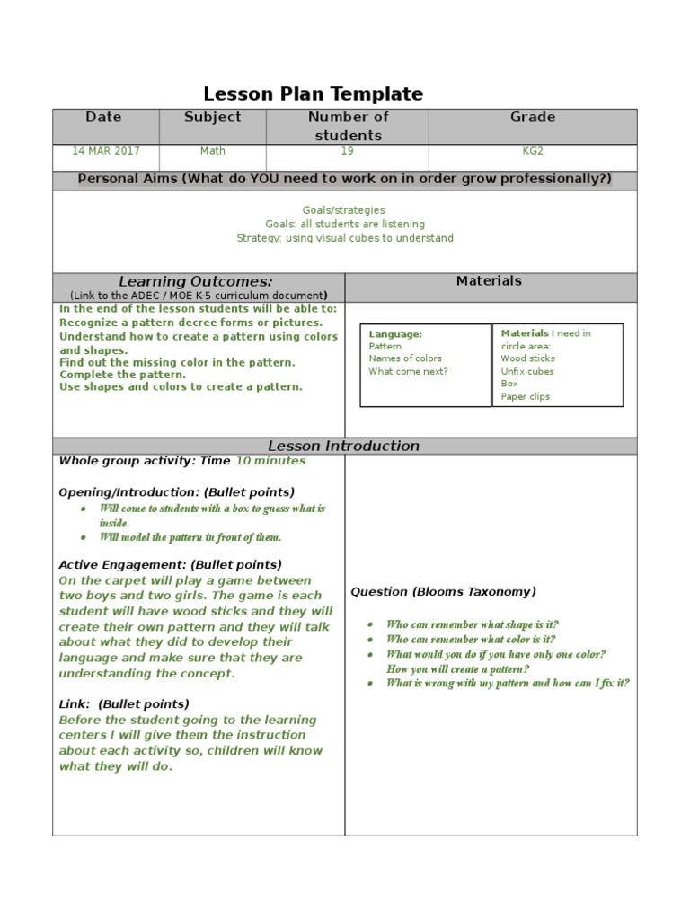 Lesson Plan Template: Date Subject Number of Students Grade | PDF ...