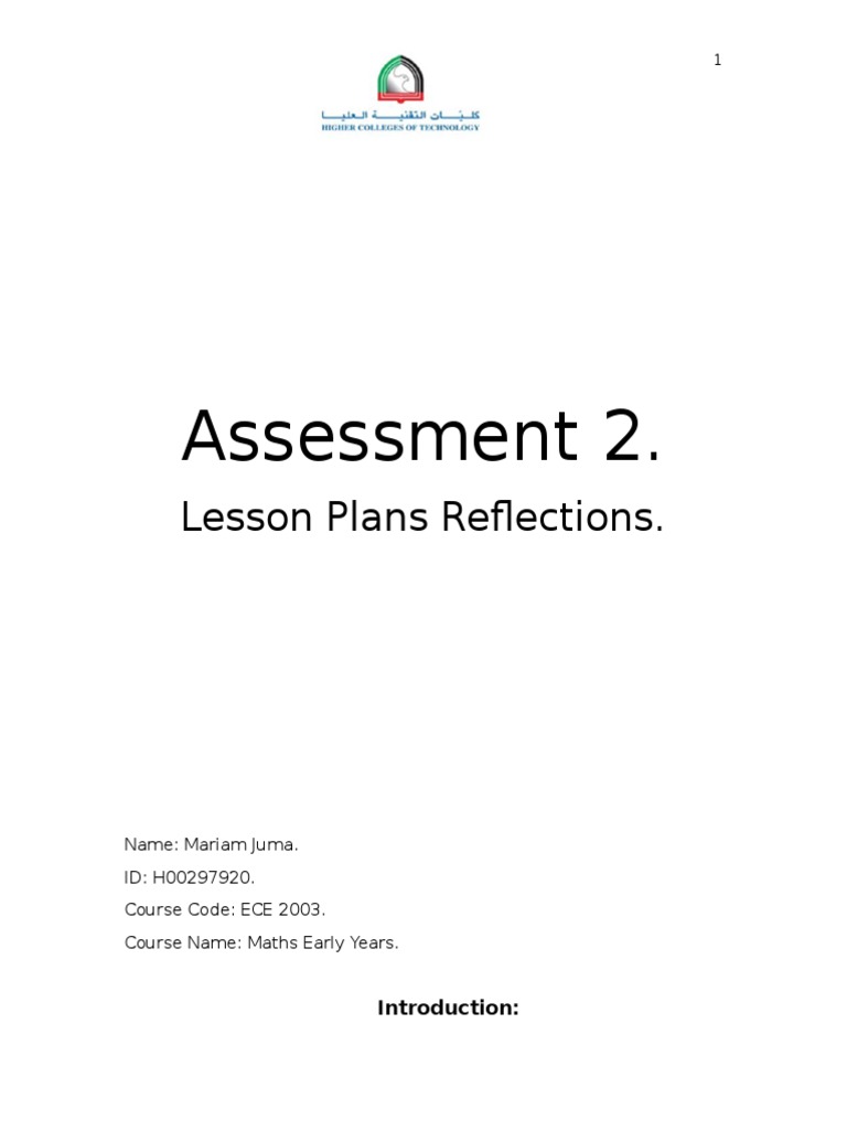 Assessment 2.: Lesson Plans Reflections | PDF | Shape | Teaching