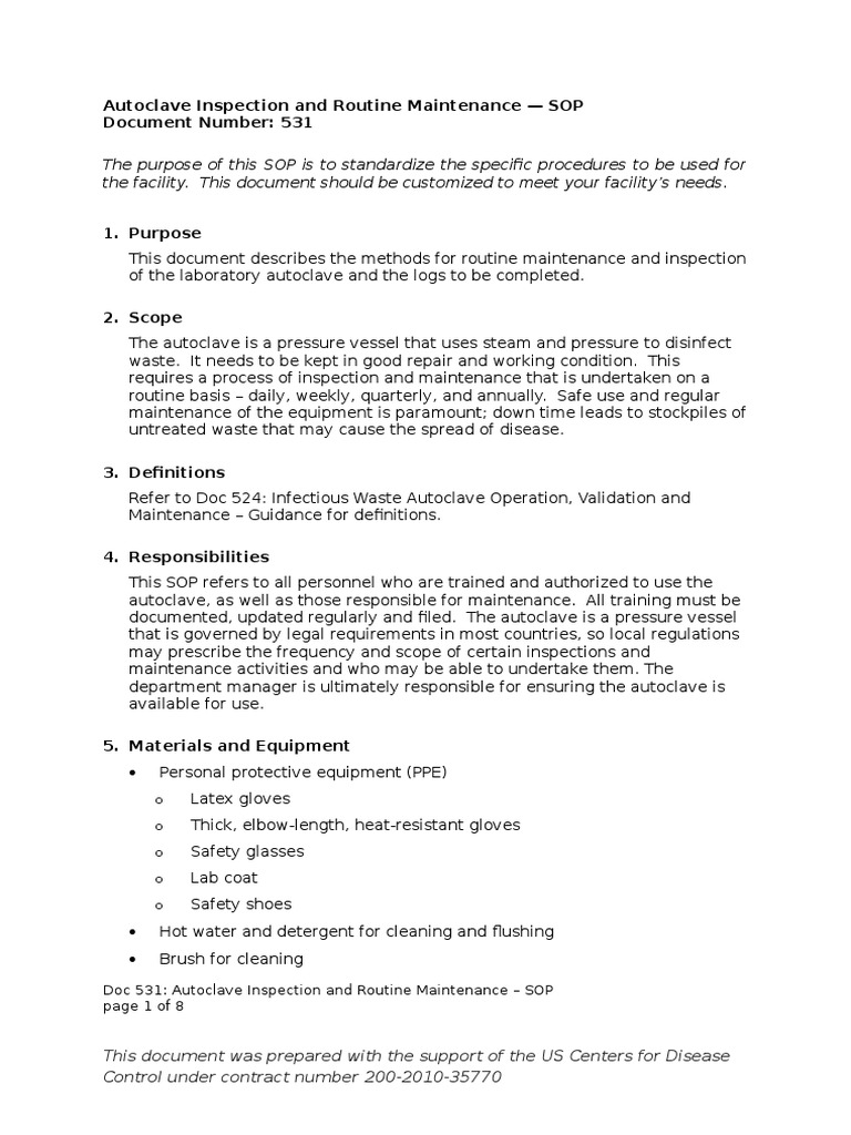Autoclave Maintenance and Inspection SOP | PDF | Personal Protective ...