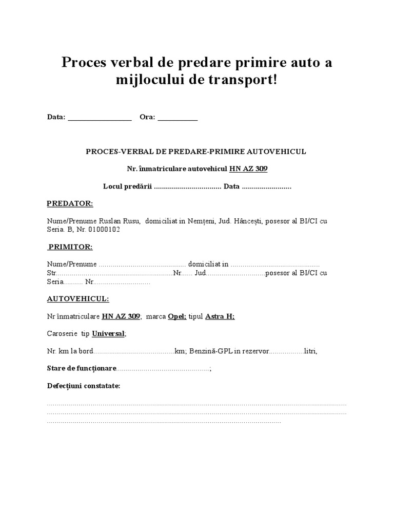 Proces Verbal de Predare Primire Auto Predare A Mijlocului de Transport ...