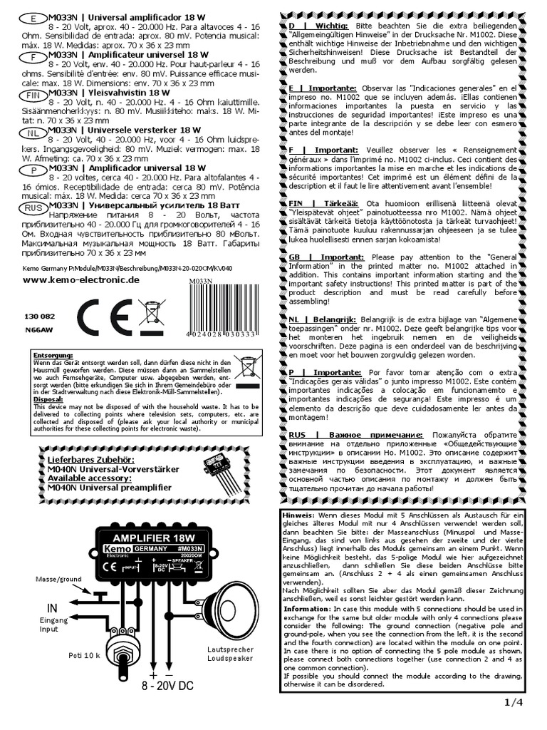 Kemo Electronic m033n Amplifier PDF | PDF | Sound Technology | Quantity