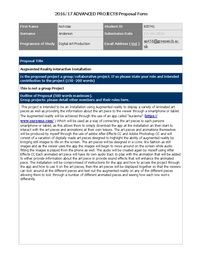 2016/17 ADVANCED PROJECTS Proposal Form: Augmented Reality Interactive ...