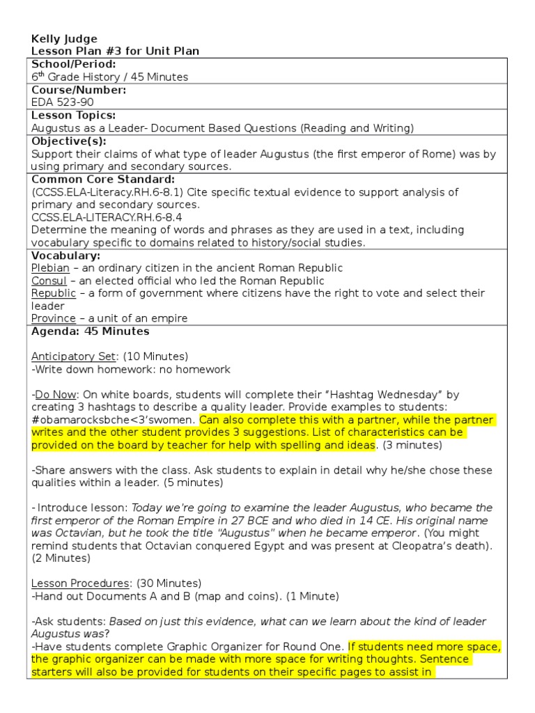 Lesson Plan 3 For Unit Plan - Group 5 | PDF | Augustus | Ancient Rome