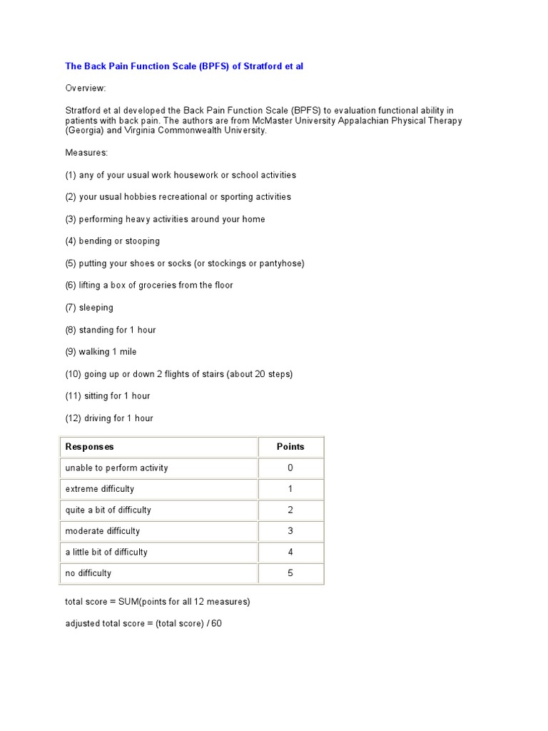Back Pain Function Scale (BPFS) of Stratford Et Al | PDF