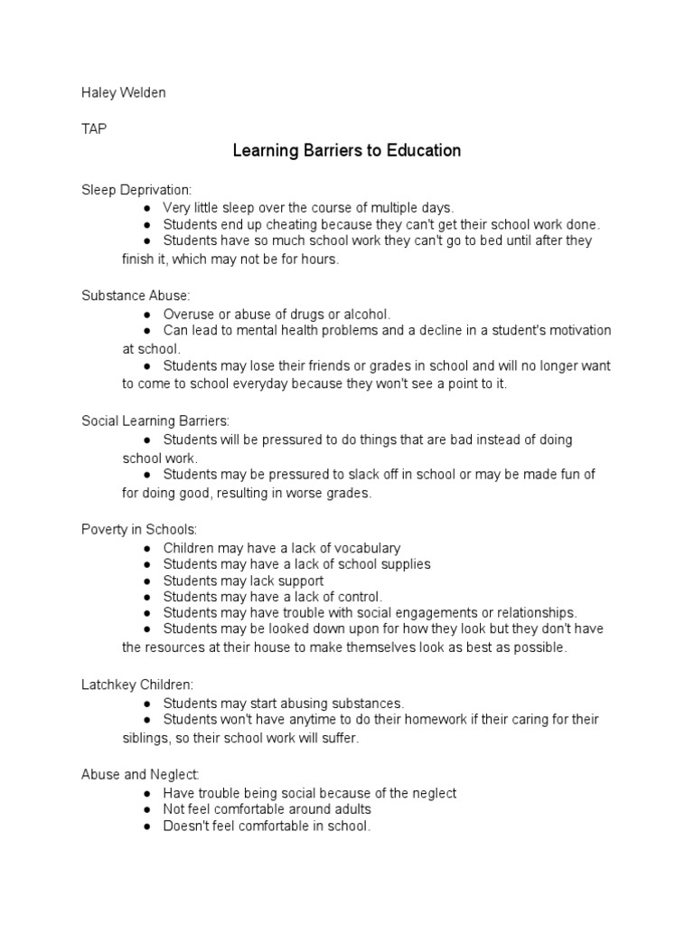 Learning Barriers To Education | PDF | Child Neglect | Substance Abuse