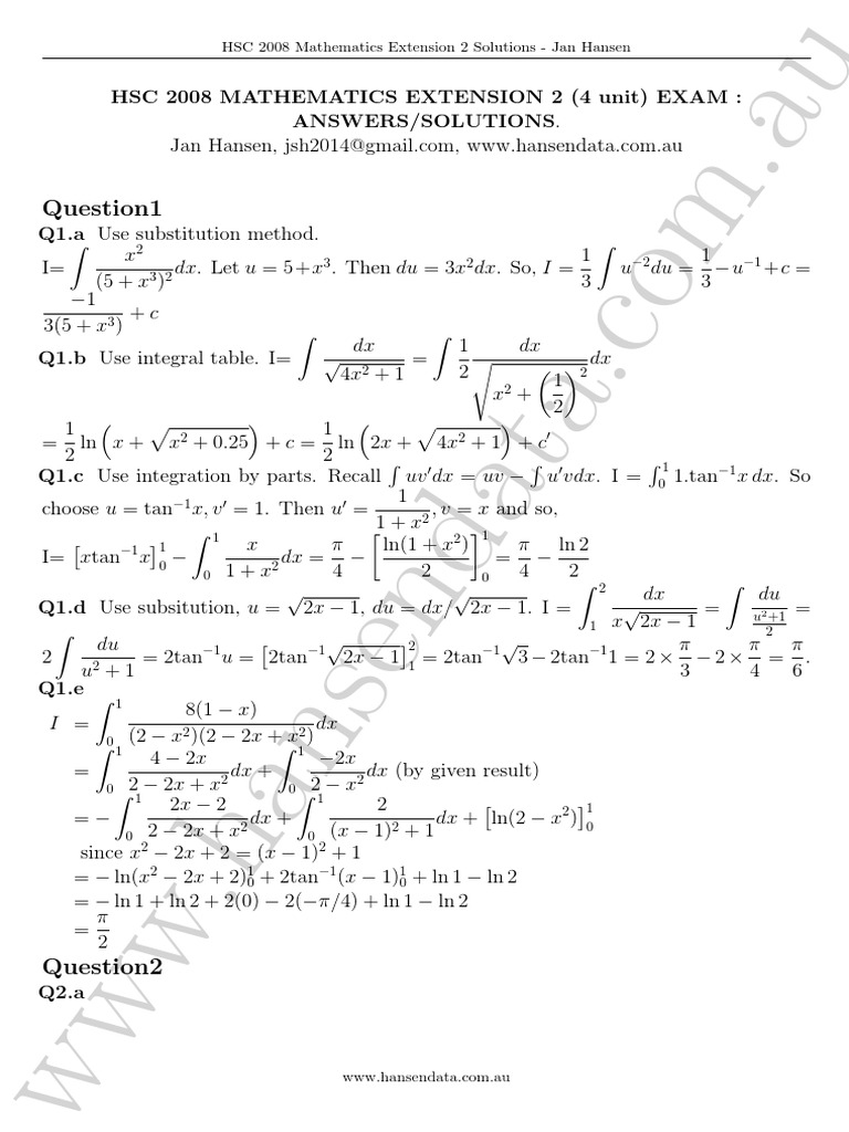HSC 2008 Mathematics Extension 2 Solutions - Jan Hansen | PDF ...