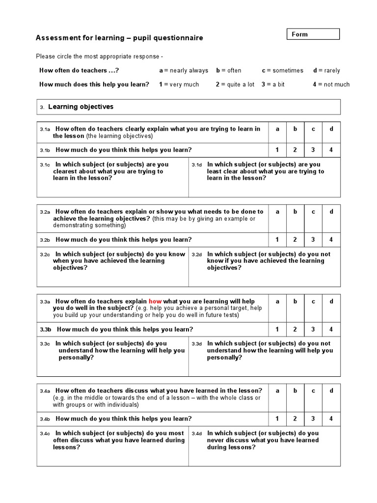 AfL Pupil Questionnaire 1005 v2 | PDF | Educational Assessment ...