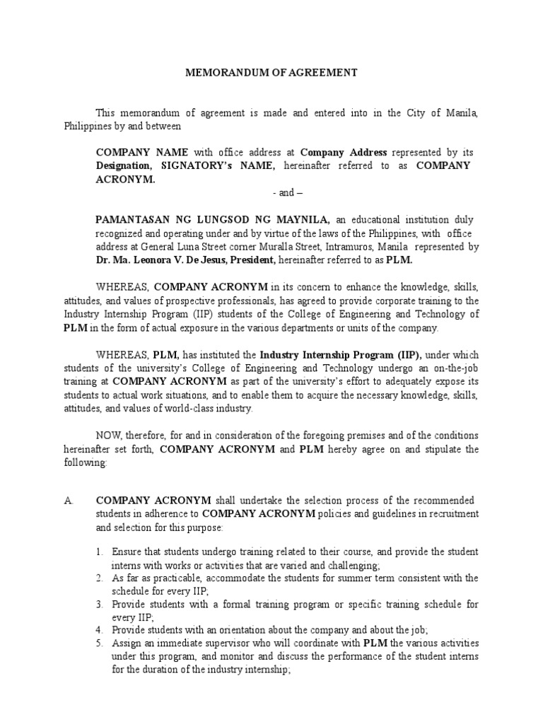 Memorandum of Agreement | PDF | Internship | Job Hunting