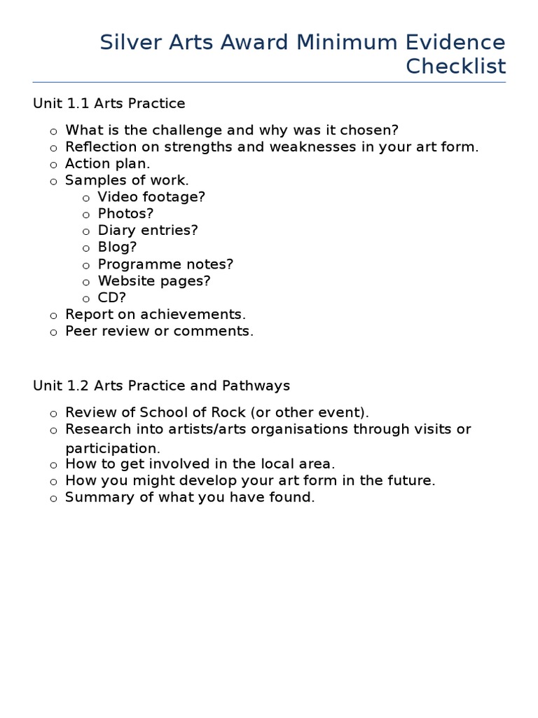 Silver Arts Award Minimum Evidence Checklist | PDF