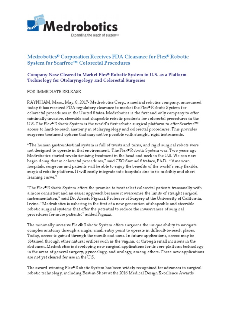 Medrobotics Receives FDA Clearance For Colorectal | PDF | Surgery ...