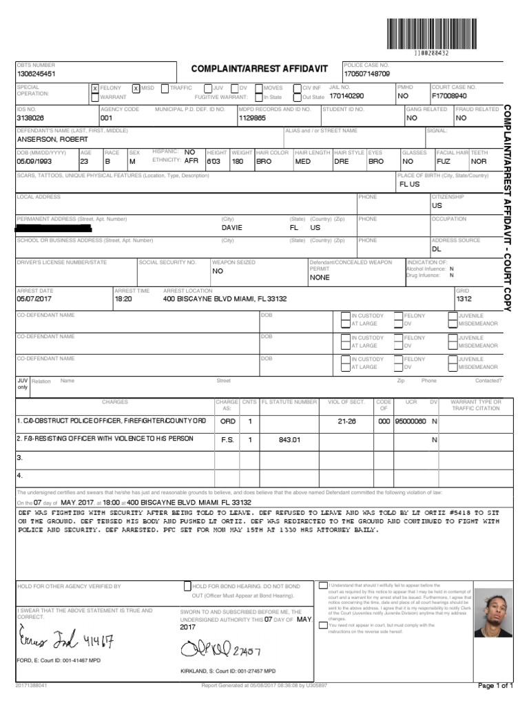 Robert Anderson Arrest Report Summary | PDF | Arrest | Arrest Warrant
