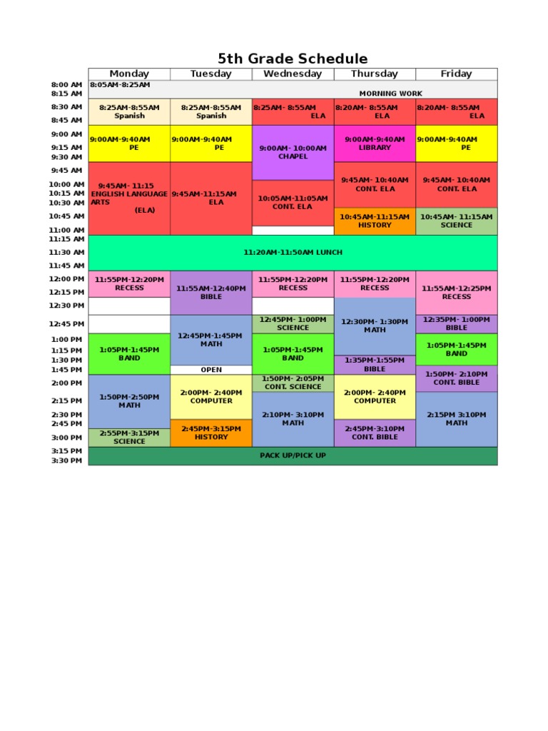 5th Grade Schedule: Monday Tuesday Wednesday Thursday Friday | PDF ...