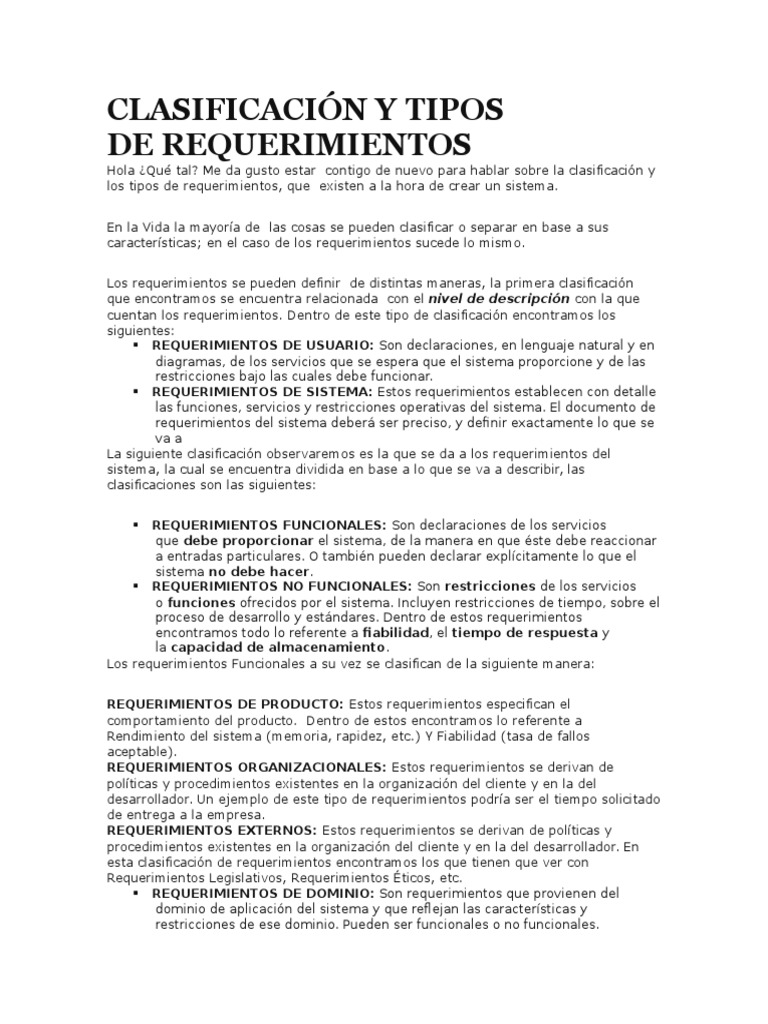 Clasificación y Tipos de Requerimientos | PDF | Ingeniería de ...