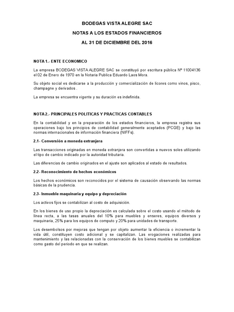 Modelo de Notas A Los EEFF | Descargar gratis PDF | Depreciación | Contabilidad