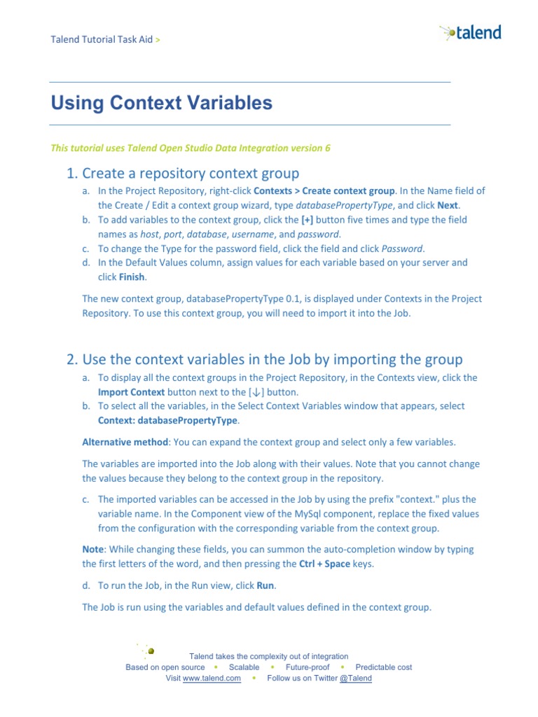 Talend Tutorial9 Using Context Variables Pdf Variable Computer Science System Software
